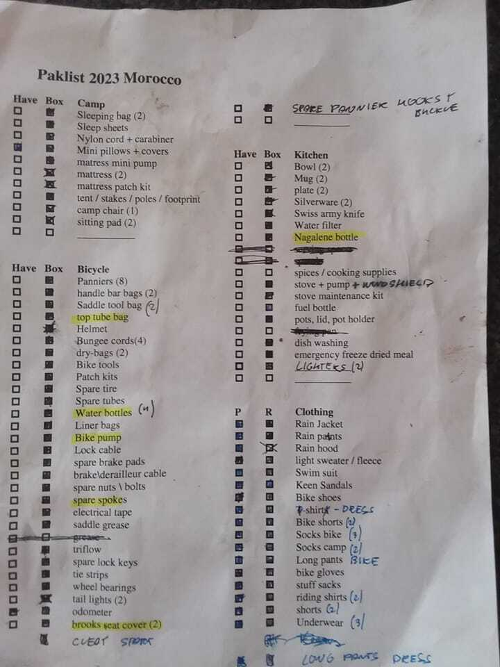 Pak List 2023 - Racpat Morocco to Holland 2023 - CycleBlaze